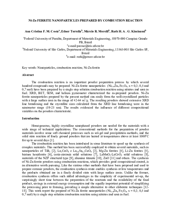 (PDF) Ni-Zn Ferrite Nanoparticles Prepared by Combustion Reaction