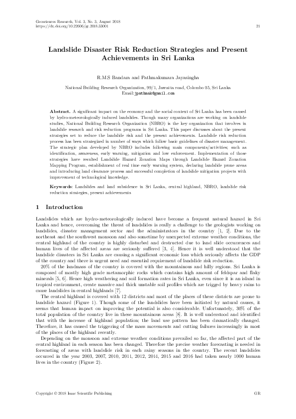 (PDF) Landslide Disaster Risk Reduction Strategies and Present Achievements in Sri Lanka