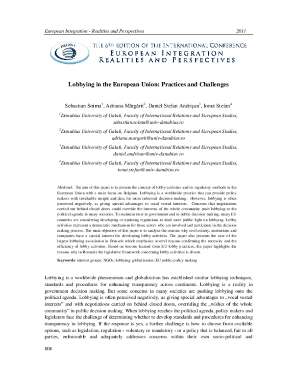 (PDF) Lobbying in the European Union: Practices and Challenges