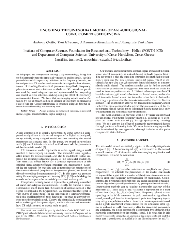 (PDF) Encoding the sinusoidal model of an audio signal using compressed sensing