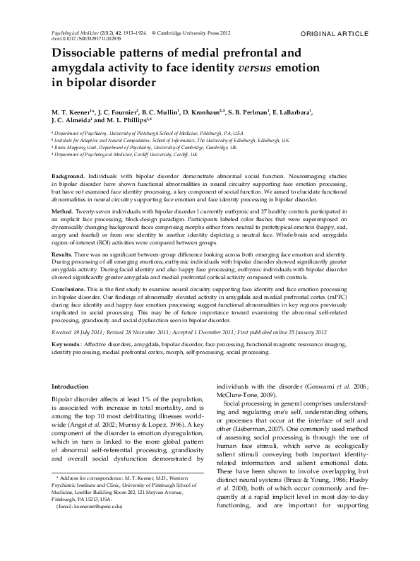 (PDF) Neural Processing of Faces in Bipolar Disorder