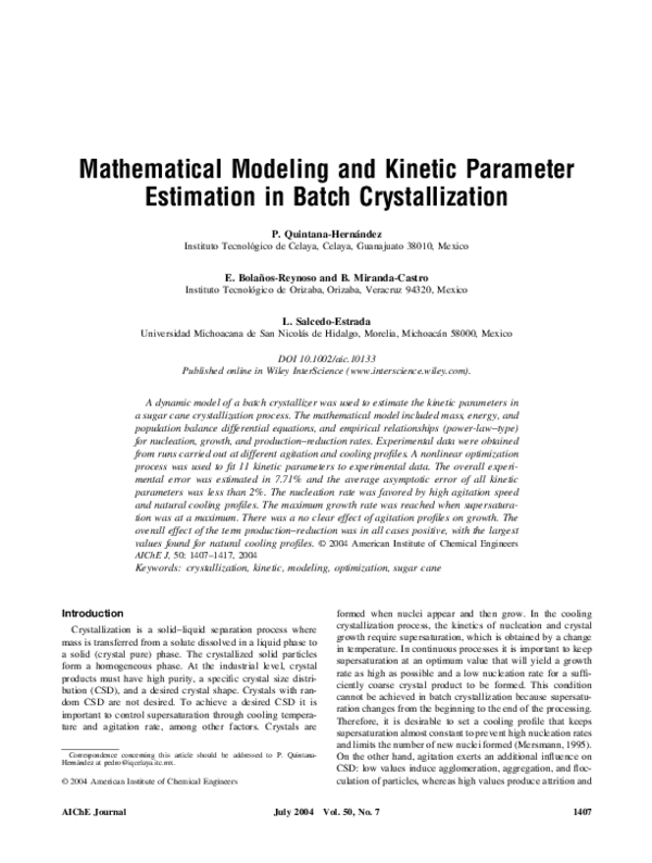 Pdf Mathematical Modeling And Kinetic Parameter Estimation In Batch Crystallization Eusebio
