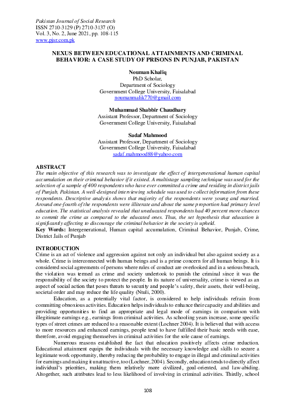 (PDF) Nexus Between Educational Attainments and Criminal Behavior: A ...