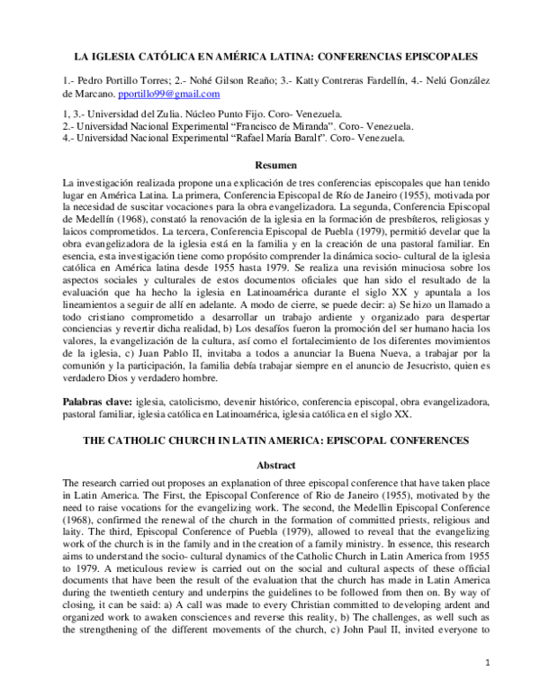 (PDF) LA IGLESIA CATÓLICA EN AMERICA LATINA. CONFERENCIAS EPISCOPALES