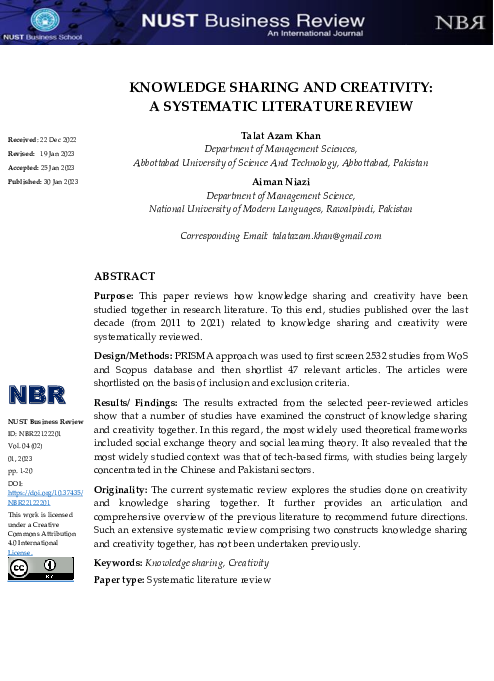 (PDF) Knowledge Sharing and Creativity: A Systematic Literature Review