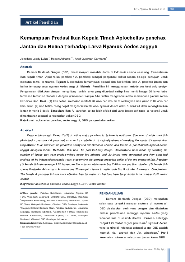 (PDF) Kemampuan Predasi Ikan Kepala Timah Aplocheilus panchax Jantan ...