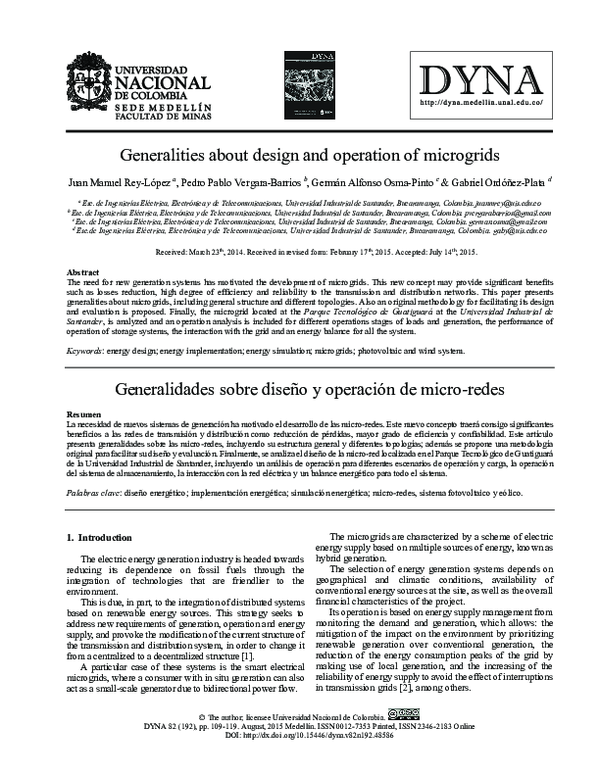 (PDF) Generalities about Design and Operation of Microgrids | pedro eli ...