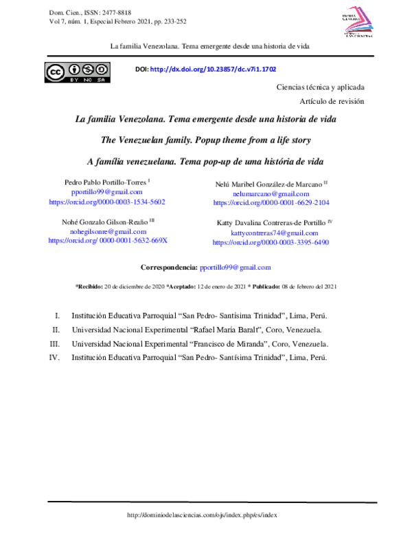 (PDF) La Familia Venezolana. Tema emergente en una Historia-de-Vida