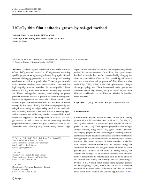 (PDF) LiCoO2 thin film cathodes grown by sol–gel method | Vaishali ...