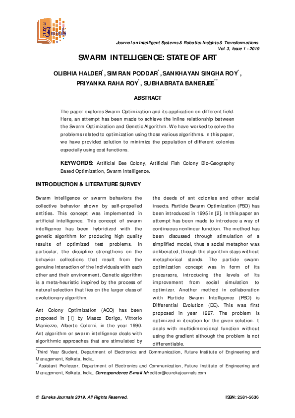 Pdf Swarm Intelligence State Of Art