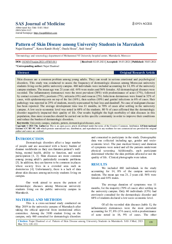 (PDF) Pattern of Skin Disease among University Students in Marrakesh
