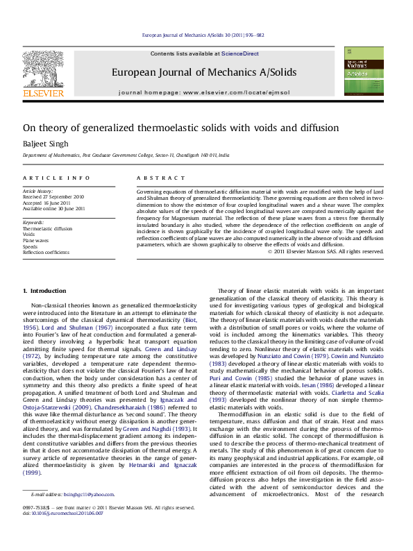 (PDF) On theory of generalized thermoelastic solids with voids and ...