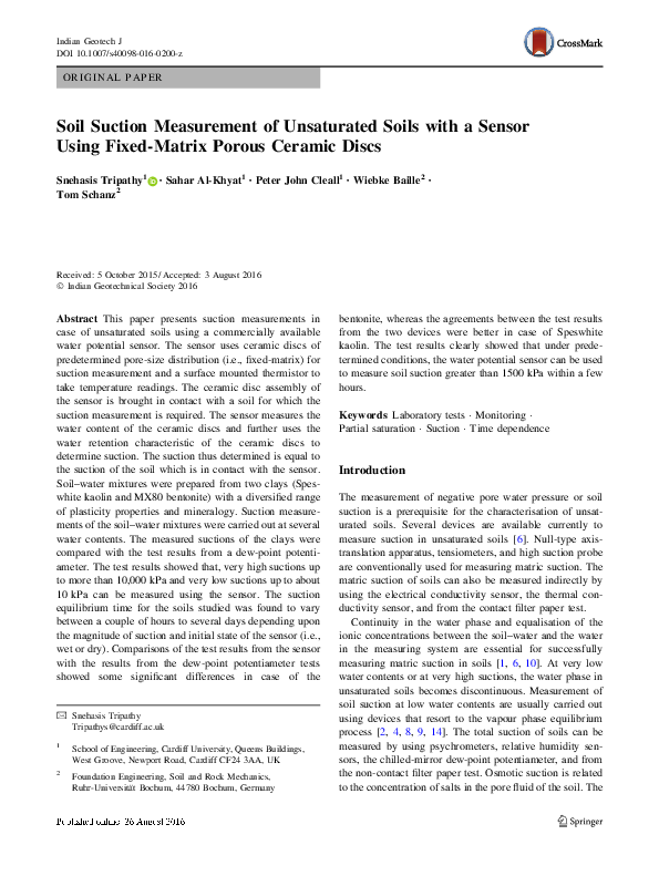 (PDF) Soil Suction Measurement of Unsaturated Soils with a Sensor Using ...