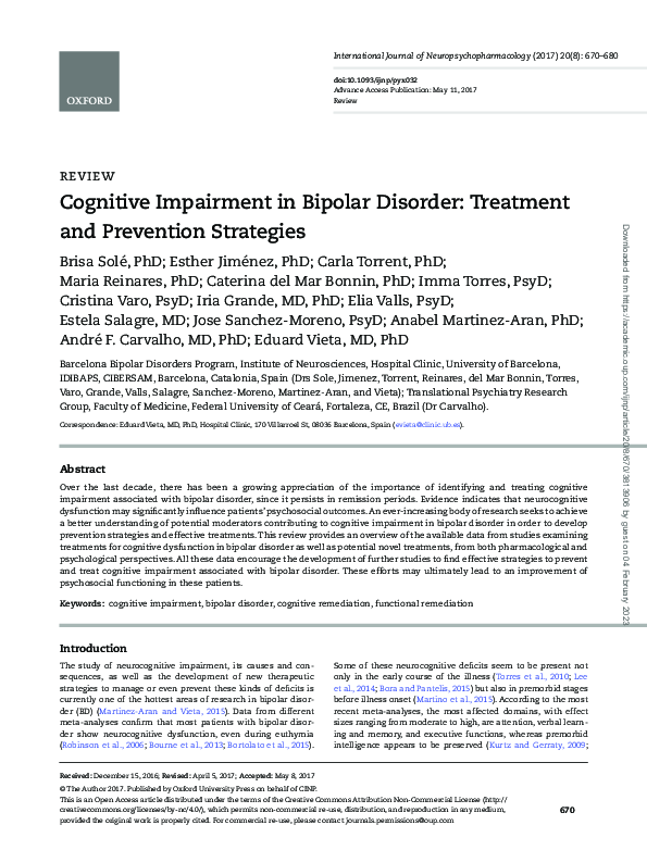 (PDF) Cognitive Impairment in Bipolar Disorder: Treatment and ...