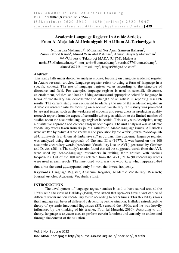 (PDF) Academic Language Register In Arabic Articles From Al-Majallah Al ...