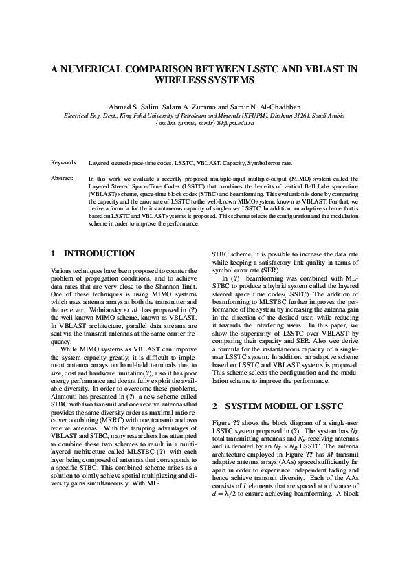 (PDF) A Numerical Comparison Between LSSTC and Vblast in Wireless Systems