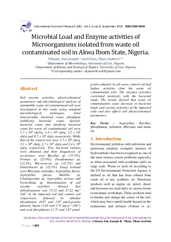 (PDF) Microbial Load and Enzyme activities of Microorganisms isolated from waste oil ...