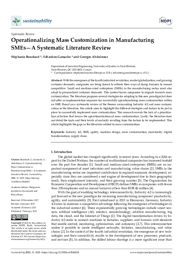 Pdf Operationalizing Mass Customization In Manufacturing Smes—a