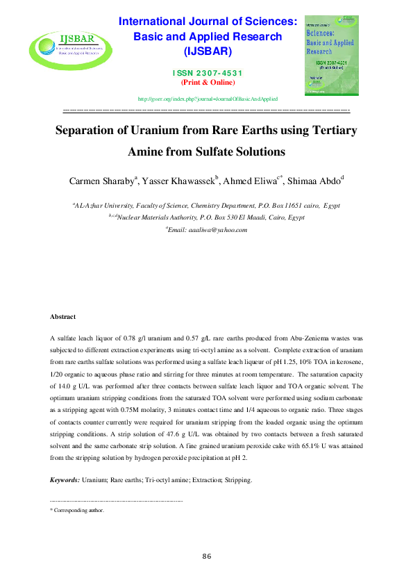 (PDF) Separation of Uranium from Rare Earths using Tertiary Amine from ...