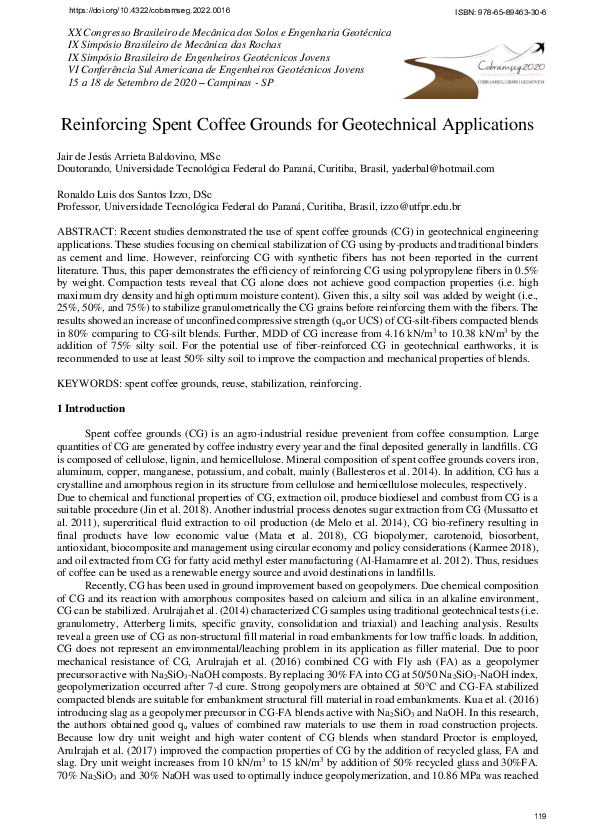 (PDF) Reinforcing Spent Coffee Grounds for Geotechnical Applications