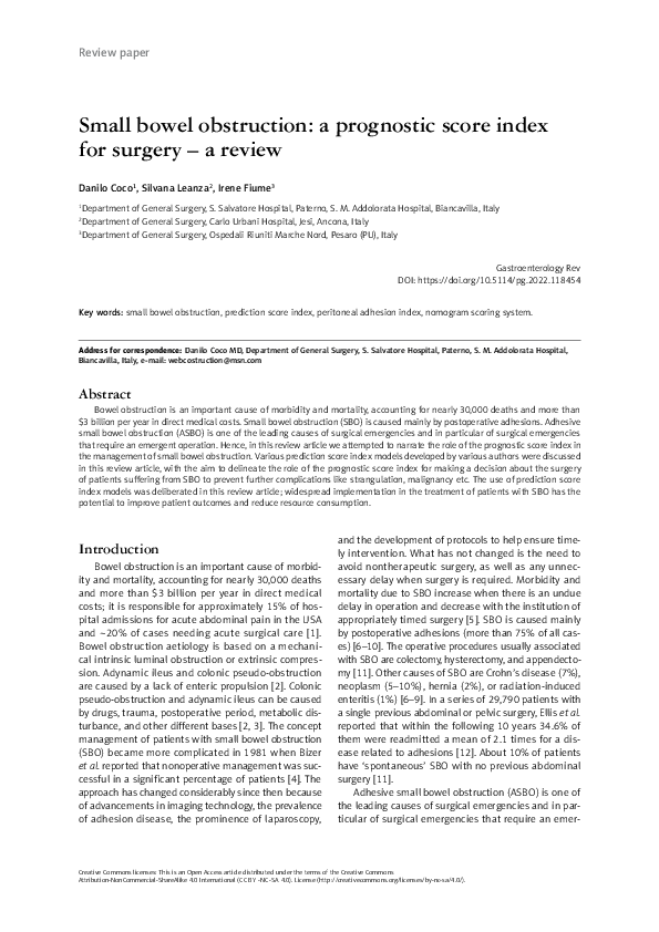 (PDF) Small bowel obstruction: a prognostic score index for surgery – a ...