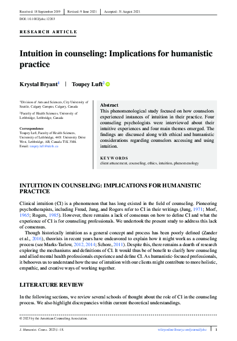 (PDF) Intuition in counseling: Implications for humanistic practice
