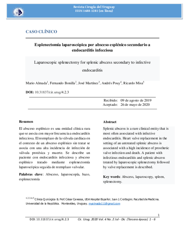 (PDF) Esplenectomía laparoscópica por absceso esplénico secundario a ...