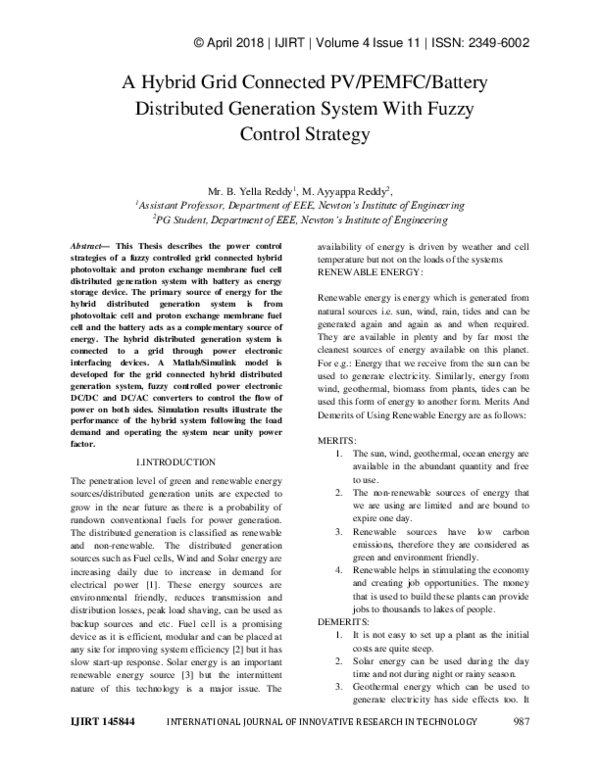 Pdf A Hybrid Grid Connected Pv Pemfc Battery Distributed Generation System With Fuzzy Control