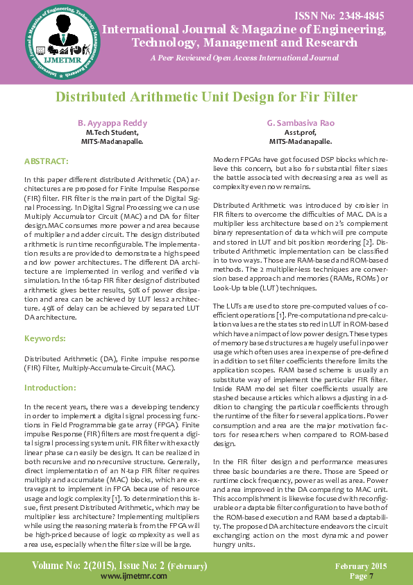 Pdf Distributed Arithmetic Unit Design For Fir Filter