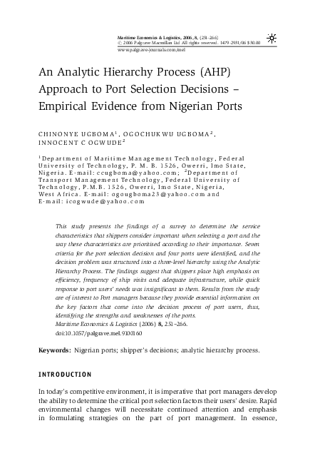 (PDF) An Analytic Hierarchy Process (AHP) Approach to Port Selection Decisions – Empirical ...