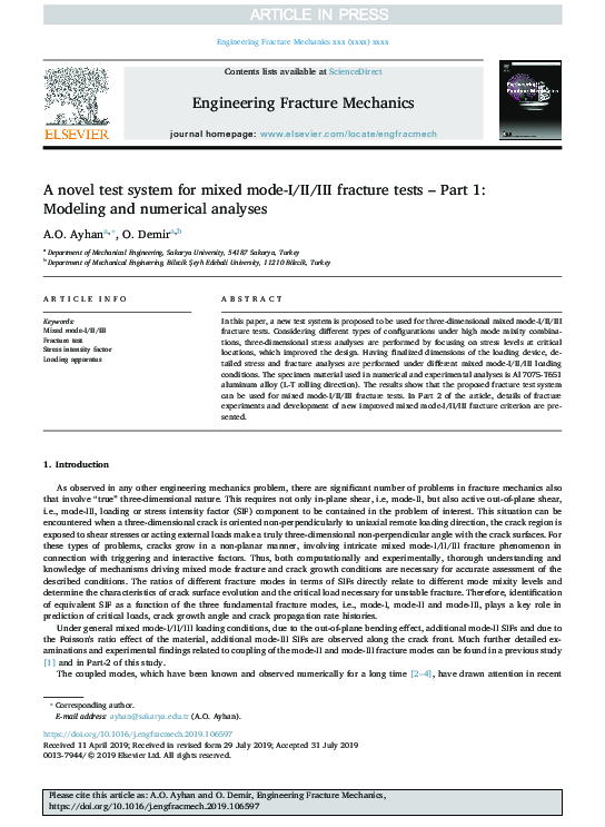 Pdf A Novel Test System For Mixed Mode I Ii Iii Fracture Tests Part 1 Modeling And