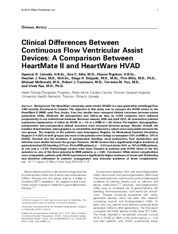 (PDF) Clinical Differences Between Continuous Flow Ventricular Assist Devices: A Comparison ...