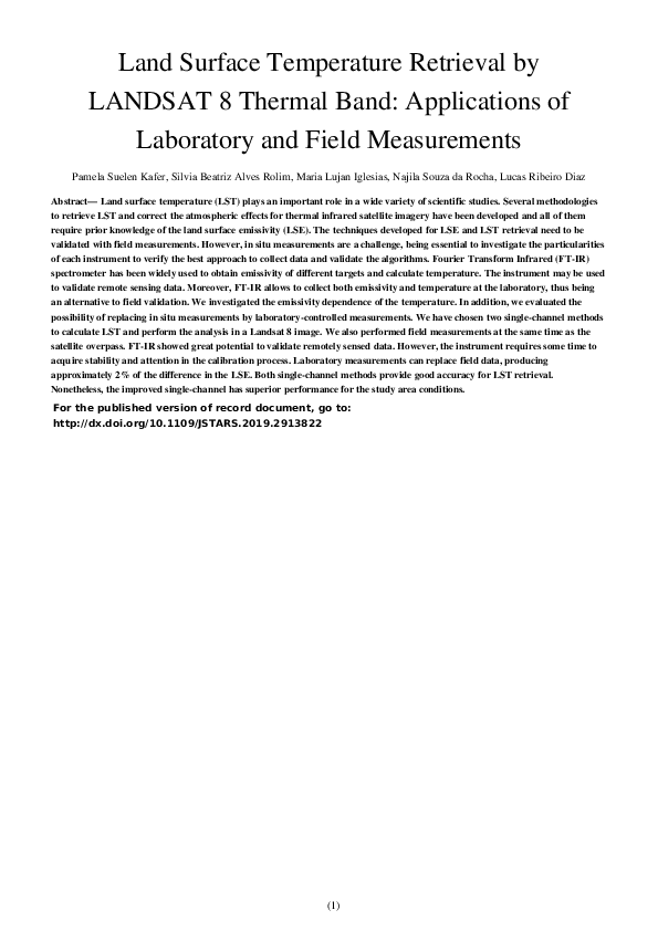 (PDF) Land Surface Temperature Retrieval by LANDSAT 8 Thermal Band: Applications of Laboratory ...