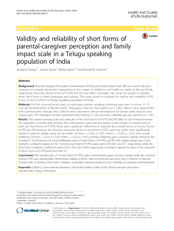 (PDF) Validity and reliability of short forms of parental-caregiver perception and family impact ...