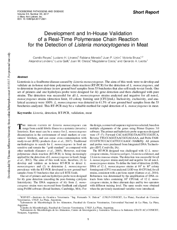 Pdf Development And In House Validation Of A Real Time Polymerase Chain Reaction For The