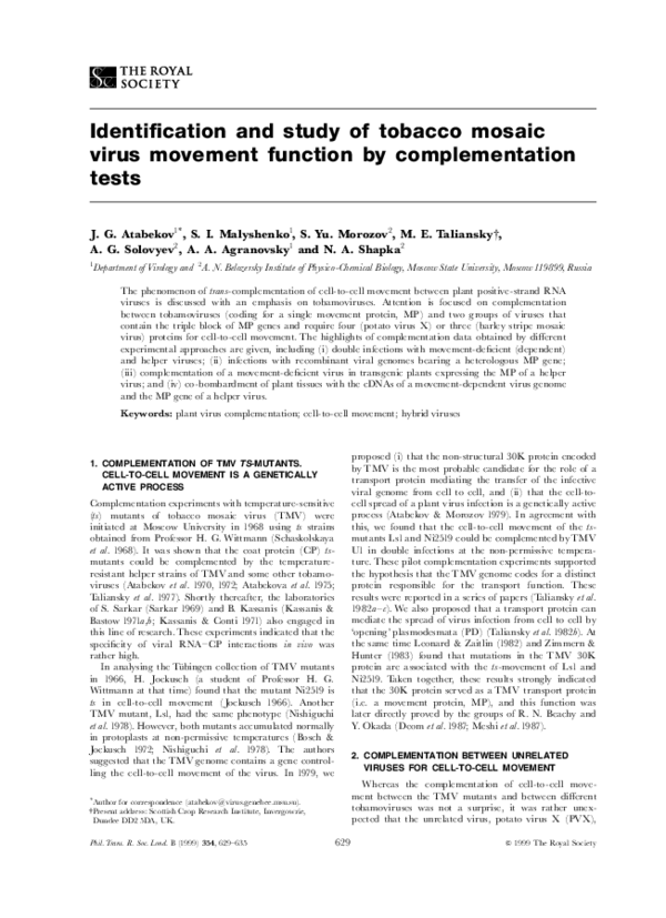 (PDF) Identification and study of tobacco mosaic virus movement ...