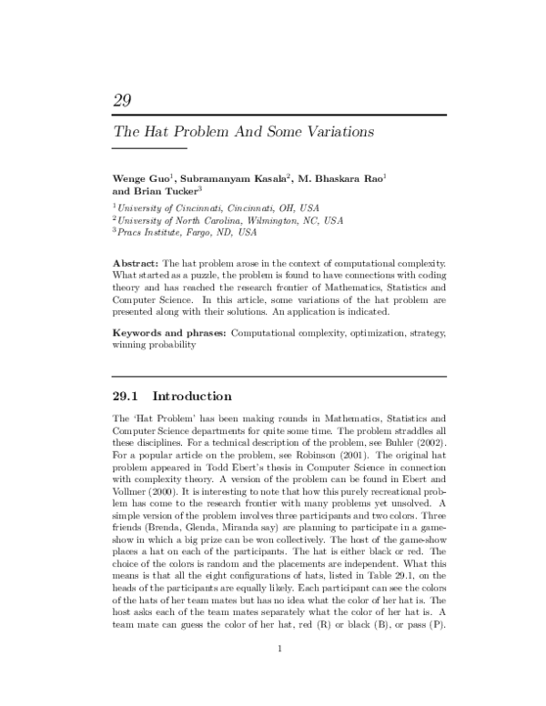 (PDF) The Hat Problem and Some Variations
