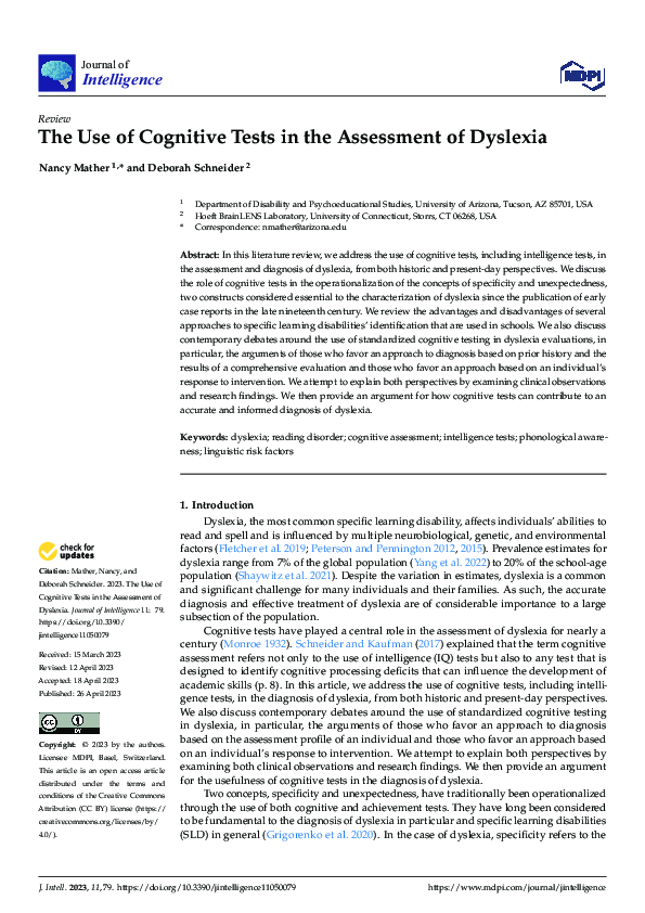 (PDF) The Use of Cognitive Tests in the Assessment of Dyslexia