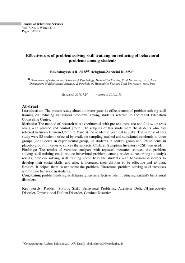 (PDF) Effectiveness of problem solving skill training on reducing of behavioral problems among ...