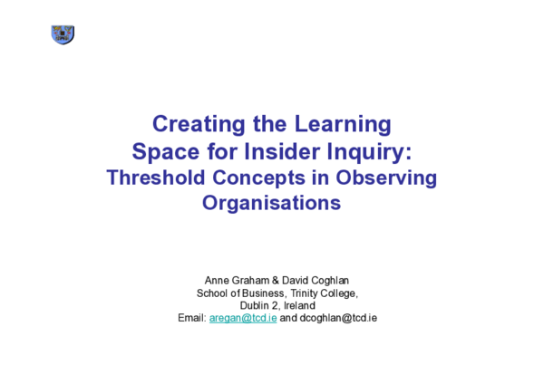 (PDF) Creating the Learning Space for Insider Inquiry: Threshold Concepts in Observing Organisations