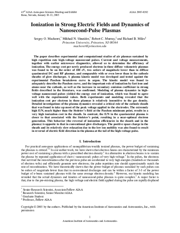 (PDF) Ionization in strong electric fields and dynamics of nanosecond-pulse plasmas