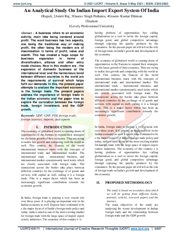 (PDF) An Analytical Study on Import Export System of India