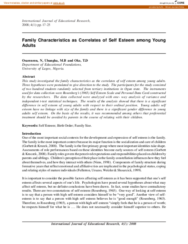 (PDF) Family Characteristics as Correlates of Self Esteem among Young ...