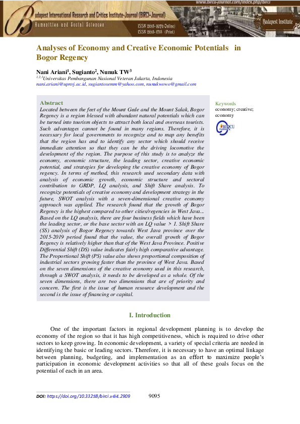 (PDF) Analyses of Economy and Creative Economic Potentials in Bogor Regency