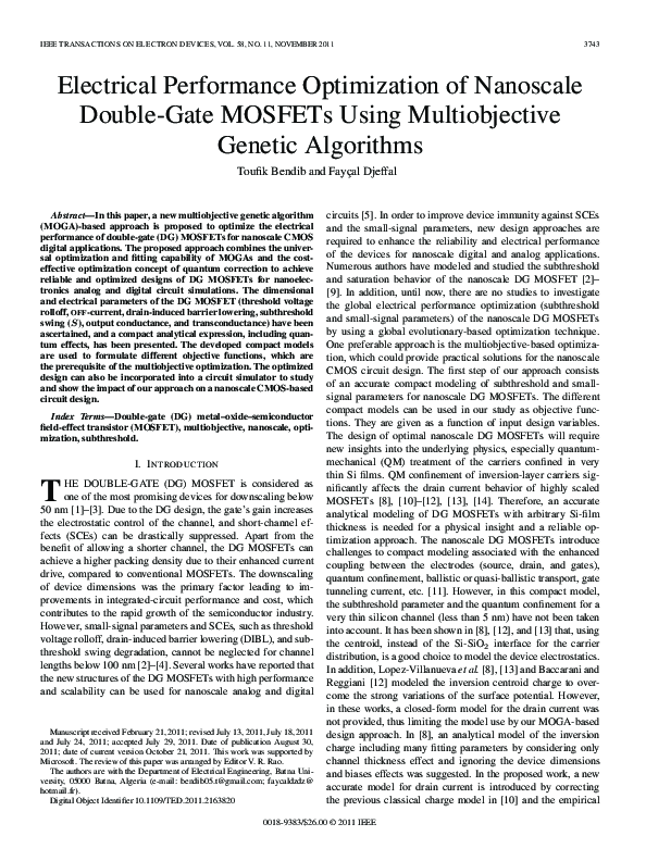 Pdf Electrical Performance Optimization Of Nanoscale Double Gate Mosfets Using Multiobjective