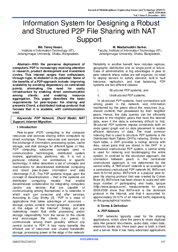 (PDF) Information System for Designing a Robust and Structured P2P File Sharing with NAT Support