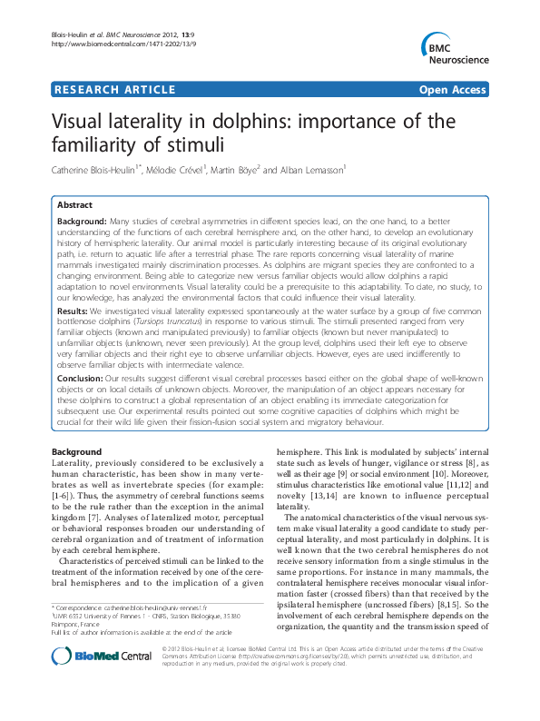 (PDF) Visual laterality in dolphins: importance of the familiarity of ...