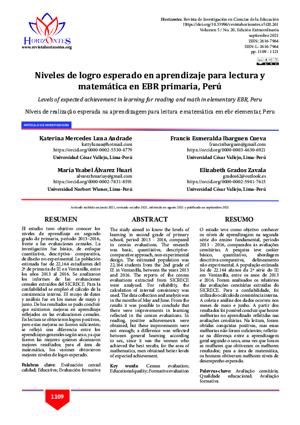 (PDF) Niveles de logro esperado en aprendizaje para lectura y matemática en EBR primaria, Perú