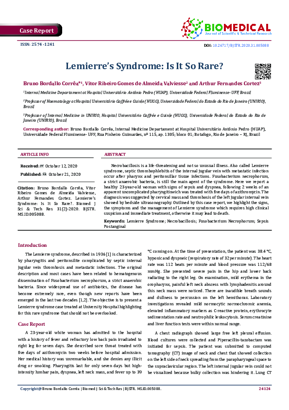(PDF) Lemierre’s Syndrome: Is It So Rare?