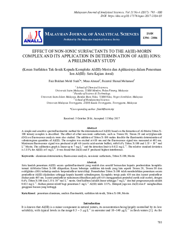 (PDF) EFFECT OF NON-IONIC SURFACTANTS TO THE Al(III)-MORIN COMPLEX AND ...